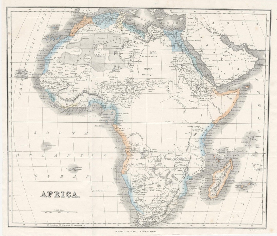 Map of Africa. Antique 1860 Map Showing Mozambique, Countries, Major ...