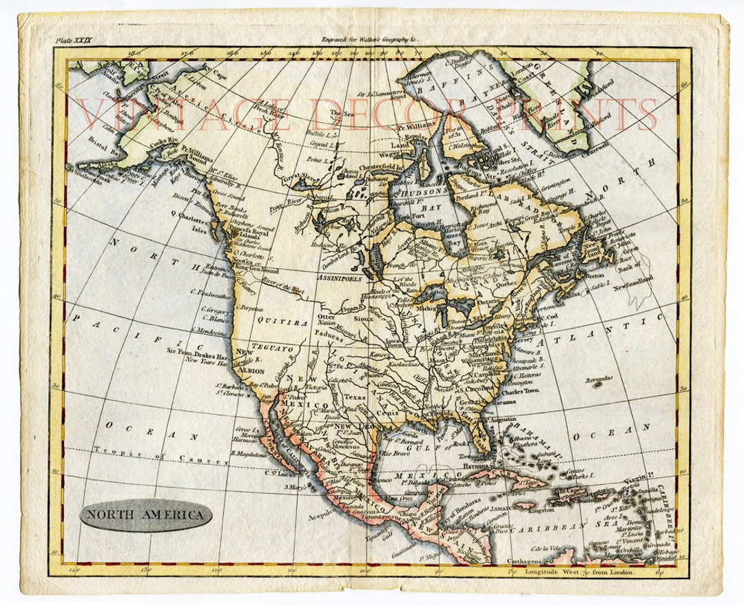 Map of North America. Antique Map Circa 1787. Retirement Gift for Man ...