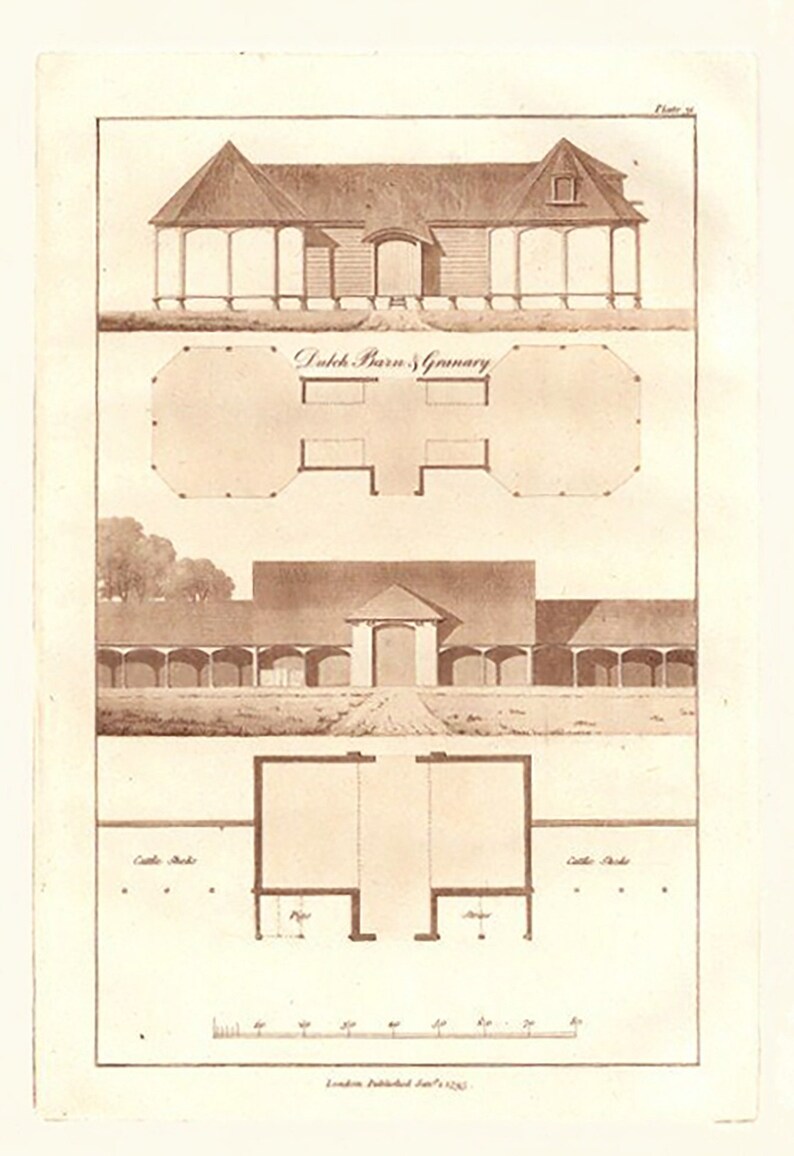 Dutch Barn & Granary Antique Garden Architecture Print, by John Plaw ...