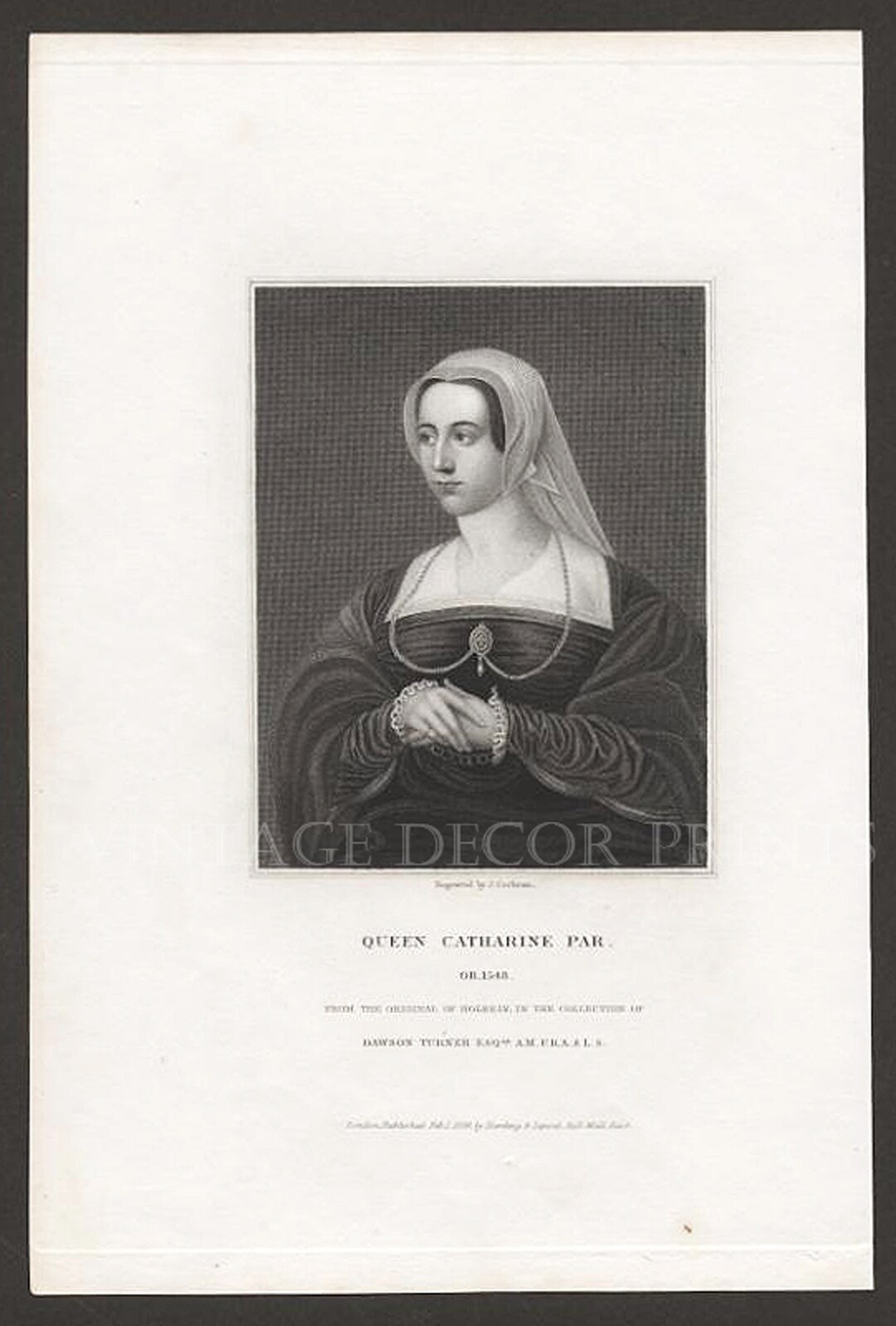 Queen Catharine Par. From the Original of Holbein. Antique Black and ...
