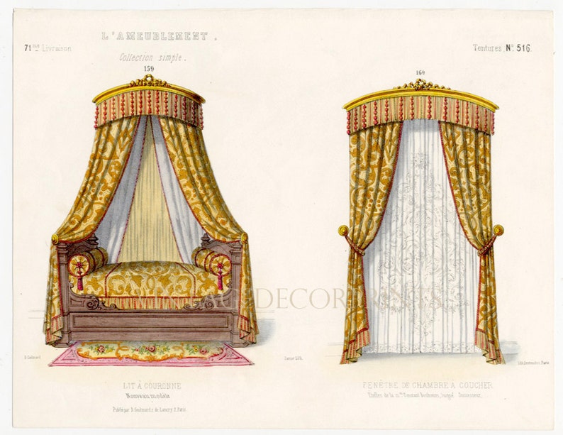 Interior Design Print of a Bed Chamber and Drapes. Guilmard Paris C1866 ...