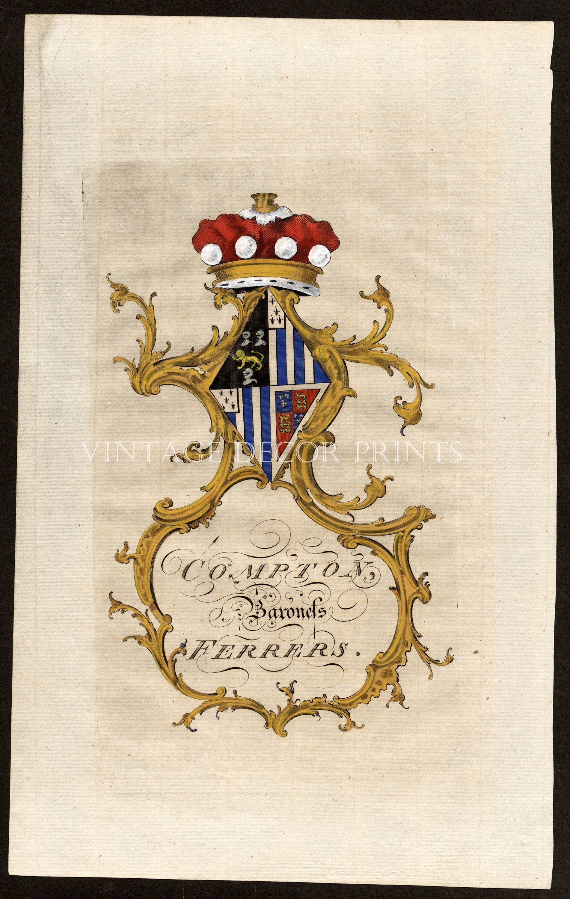 Prints Genuine 1700's Heraldry Engraving Lord Teynham Accurately Hand ...