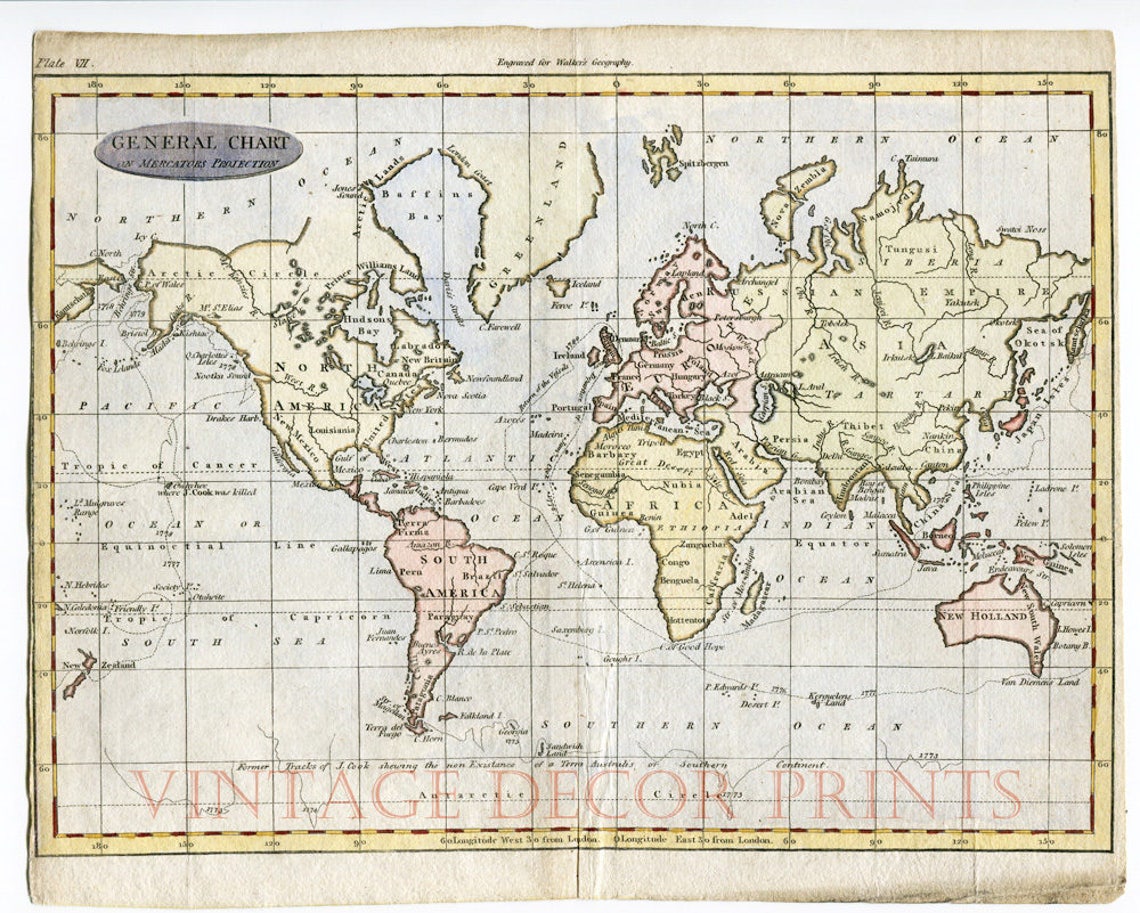 Map of the World Antique Map Circa 1787. Retirement Gift for Man. Hand ...