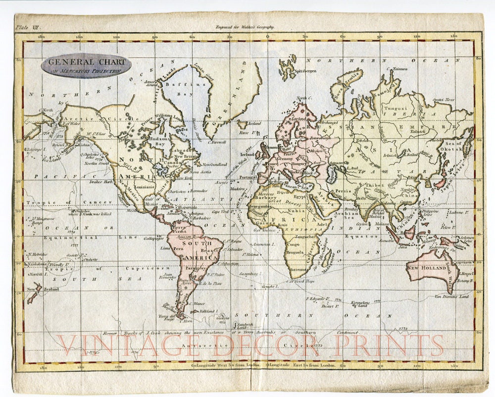 Map of the World Antique Map Circa 1787. Retirement Gift for Man. Hand ...