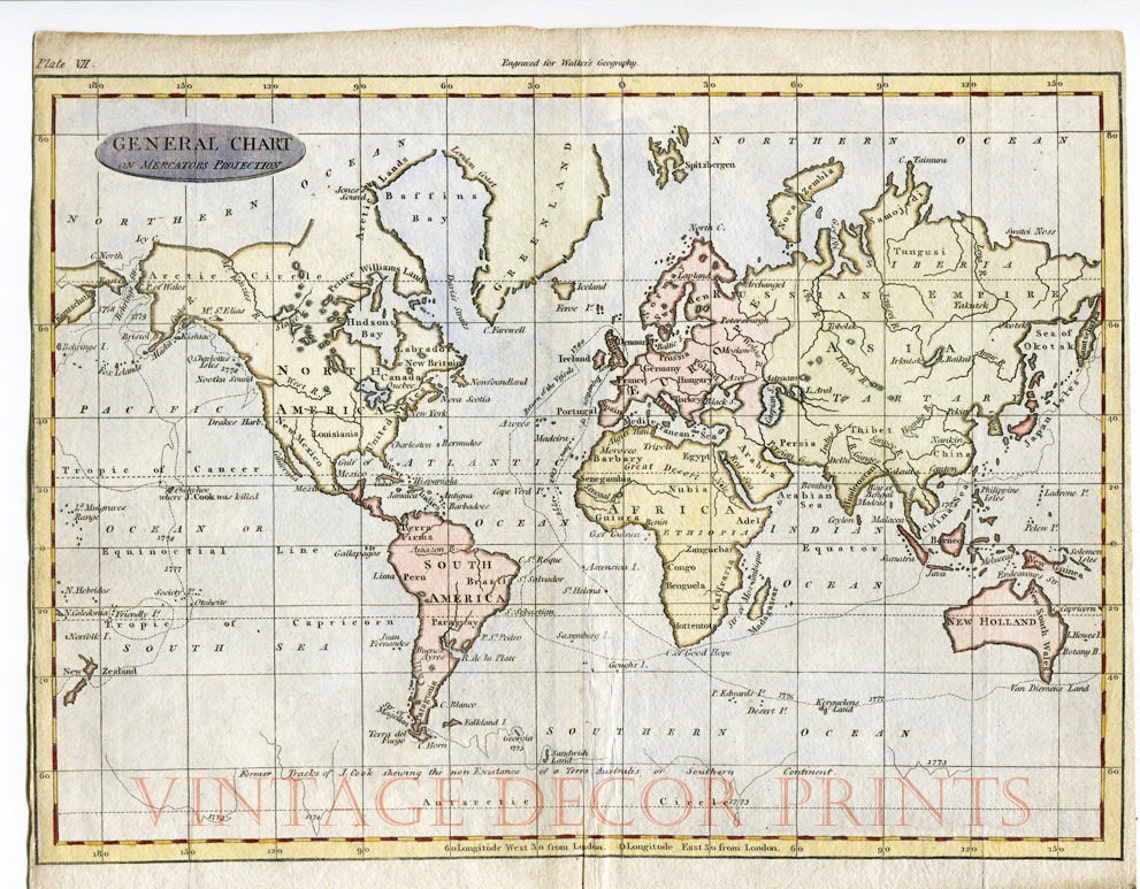 Map of the World Antique Map Circa 1787. Retirement Gift for Man. Hand ...