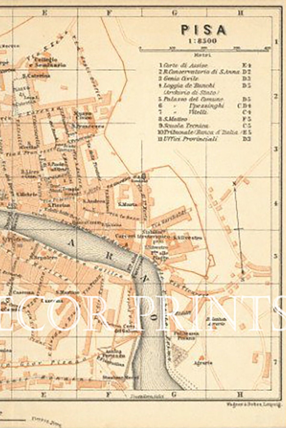 Pisa Italy Antique Early 1913 Map From Baedekers Northern Italy Showing ...