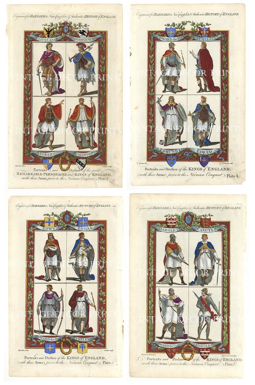 Kings of England 1785 Group of Four Unique Hand Coloured Decorative ...