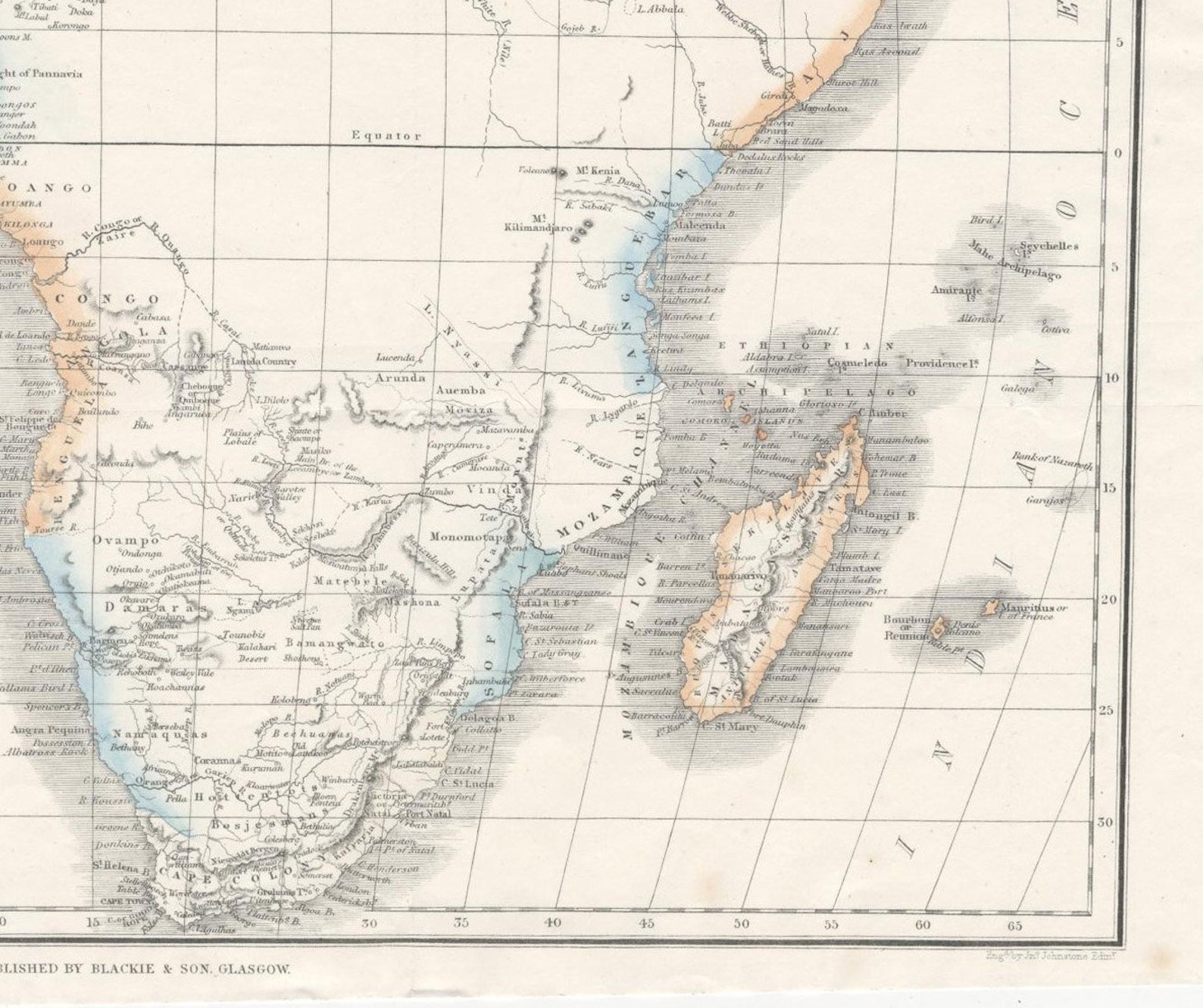 Map of Africa. Antique 1860 Map Showing Mozambique, Countries, Major ...