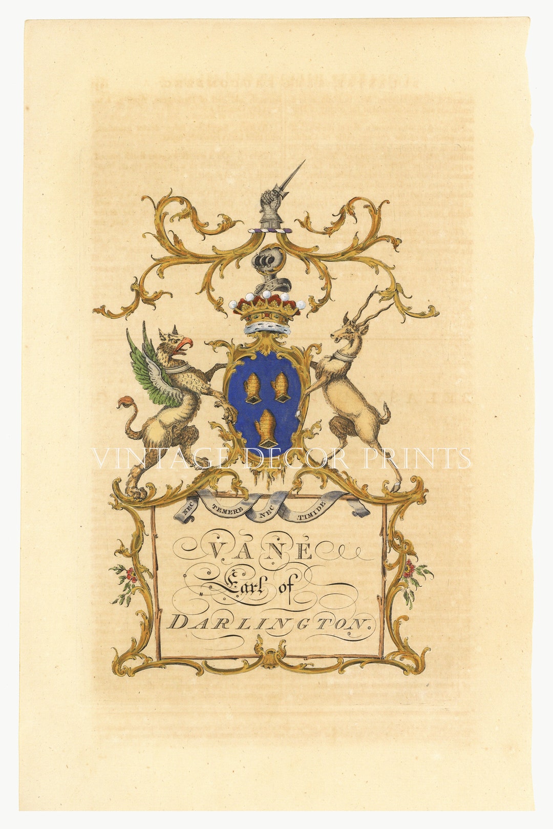 Vane Original 250 Year Old 1766-1769 Coat of Arms Heraldry Engraving ...