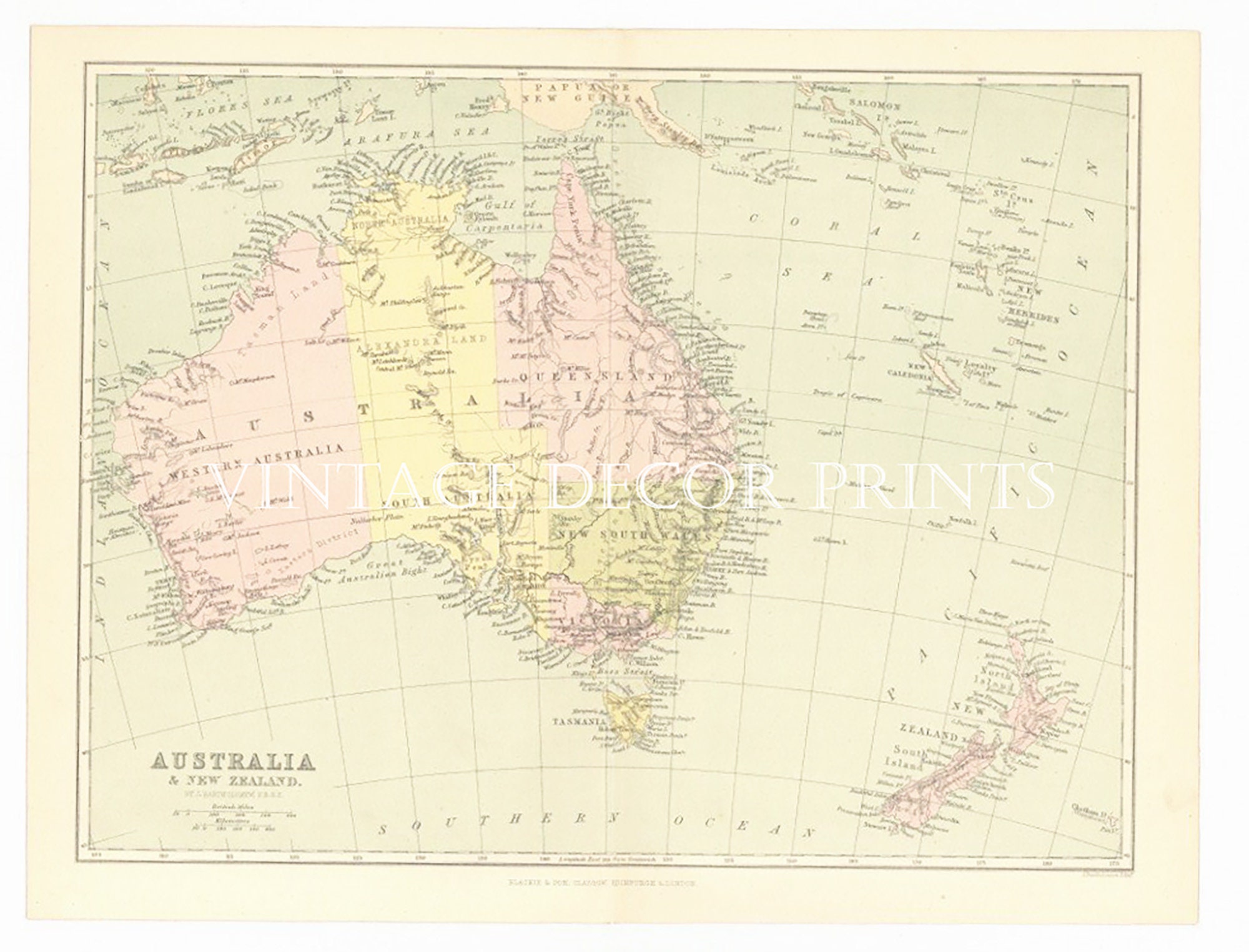 Antique Map of Australia and New Zealand, Circa 1890, Showing the Towns ...