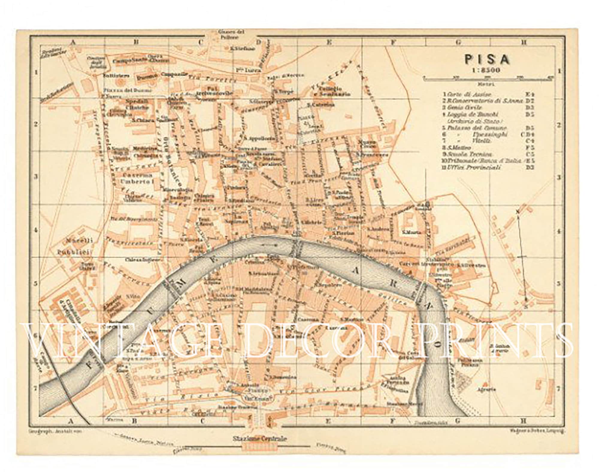 Pisa Italy Antique Early 1913 Map From Baedekers Northern Italy Showing ...