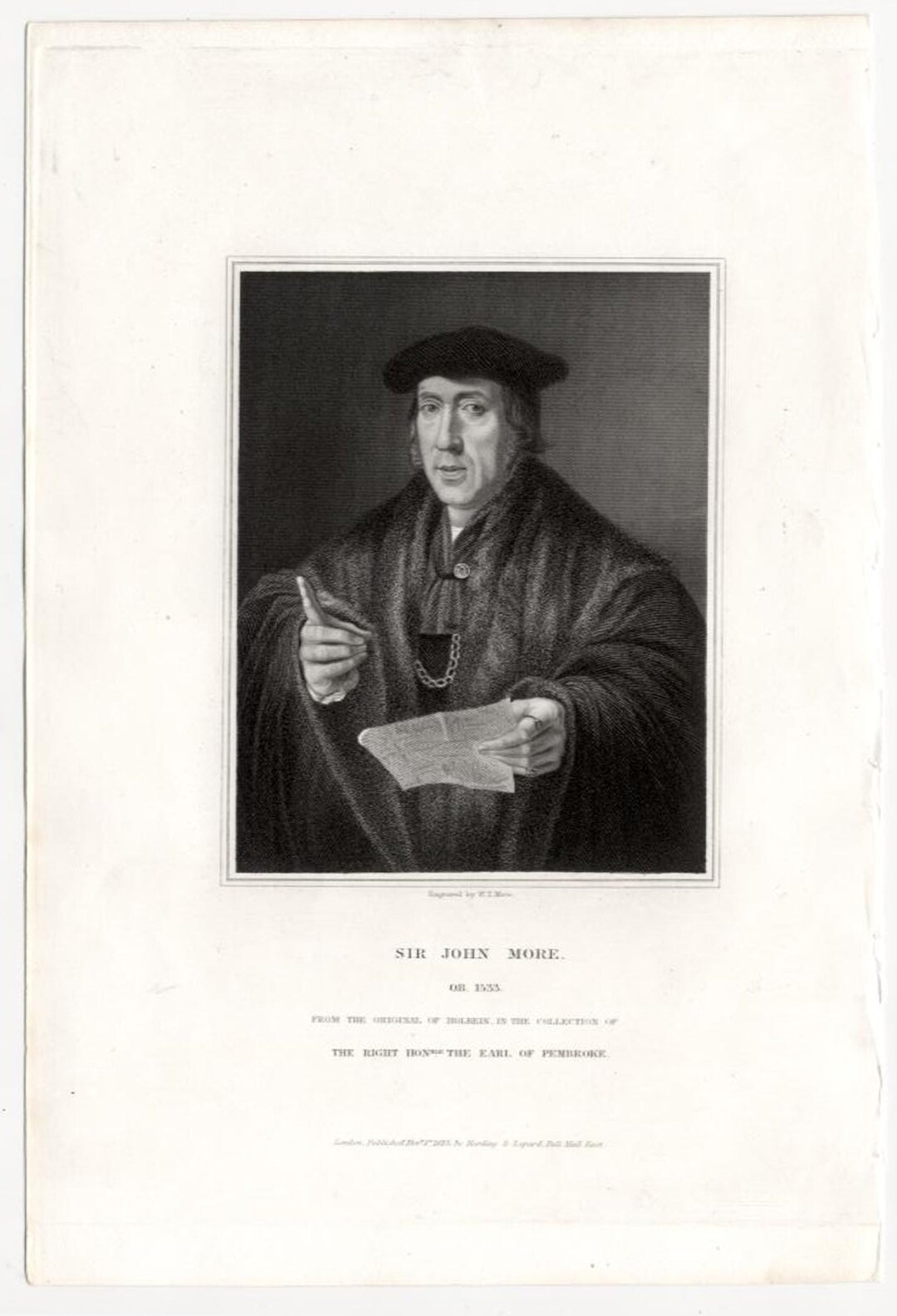 Sir John More. 1833 Antique Black and White Steel Engraving. Historical ...