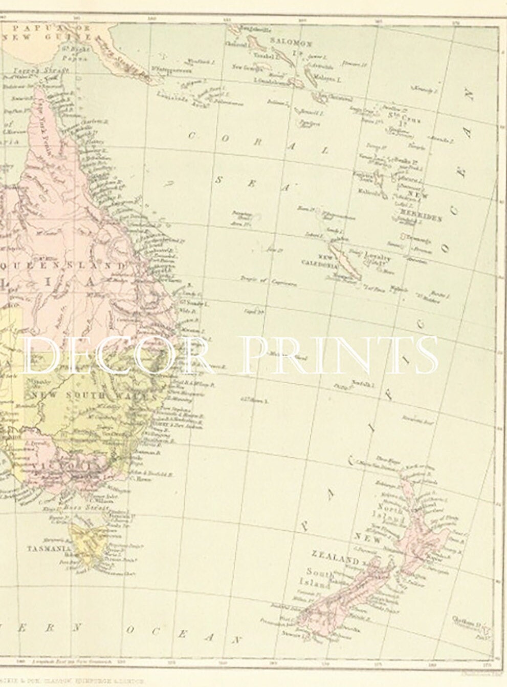 Antique Map of Australia and New Zealand, Circa 1890, Showing the Towns ...