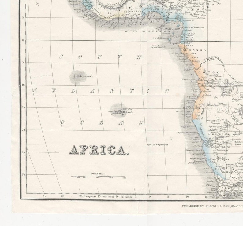 Map of Africa. Antique 1860 Map Showing Mozambique, Countries, Major ...