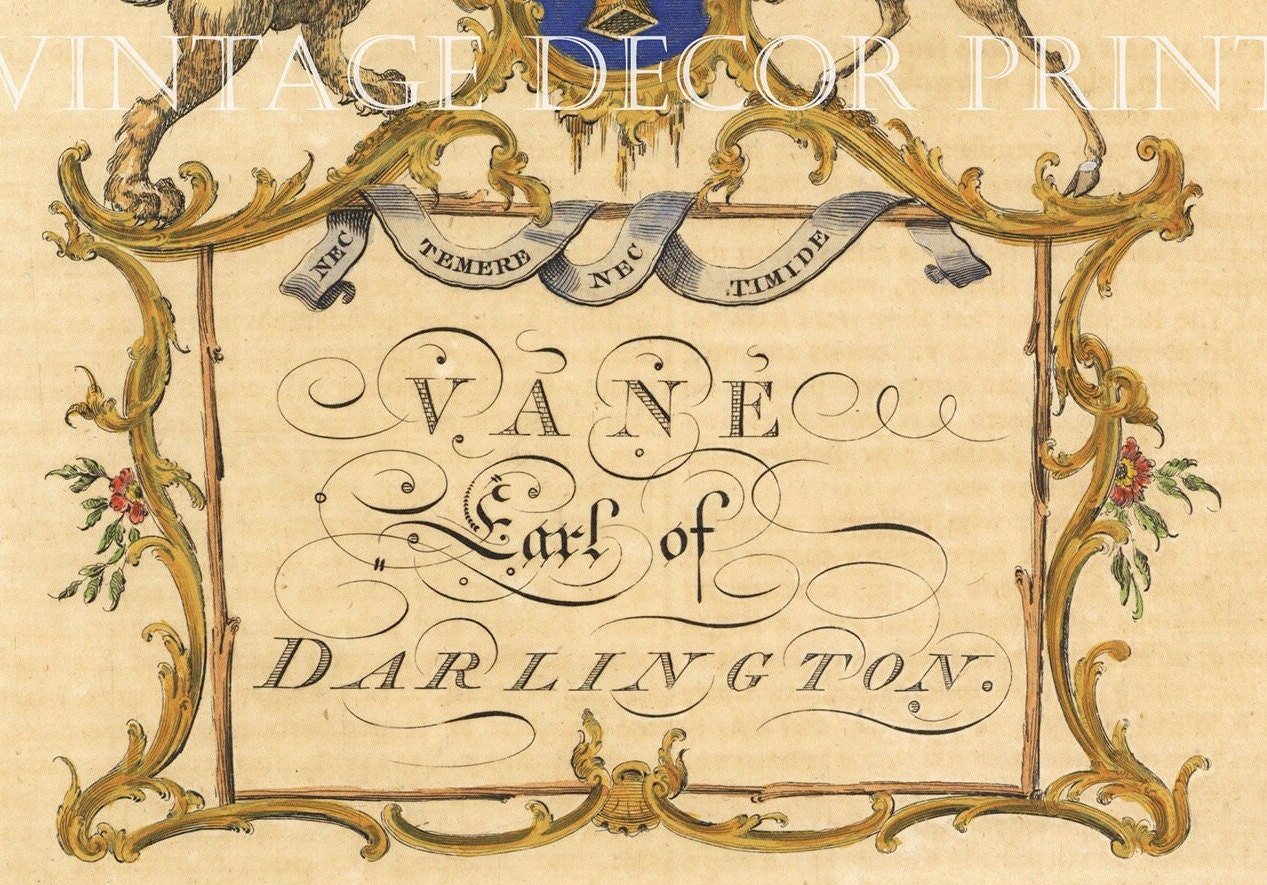 Vane Original 250 Year Old 1766-1769 Coat of Arms Heraldry Engraving ...