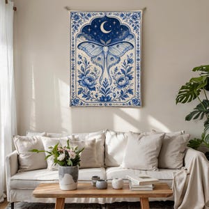 Luna Moth Gzhel Wall Art, Blue and White Botanical Moth Print, Folk Art ...