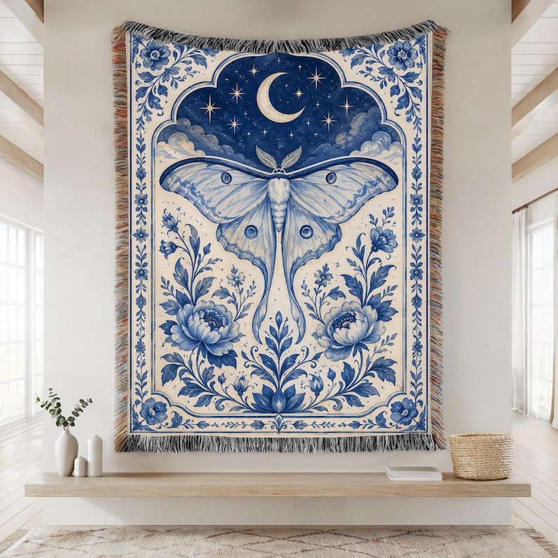 Luna Moth Gzhel Wall Art, Blue and White Botanical Moth Print, Folk Art ...