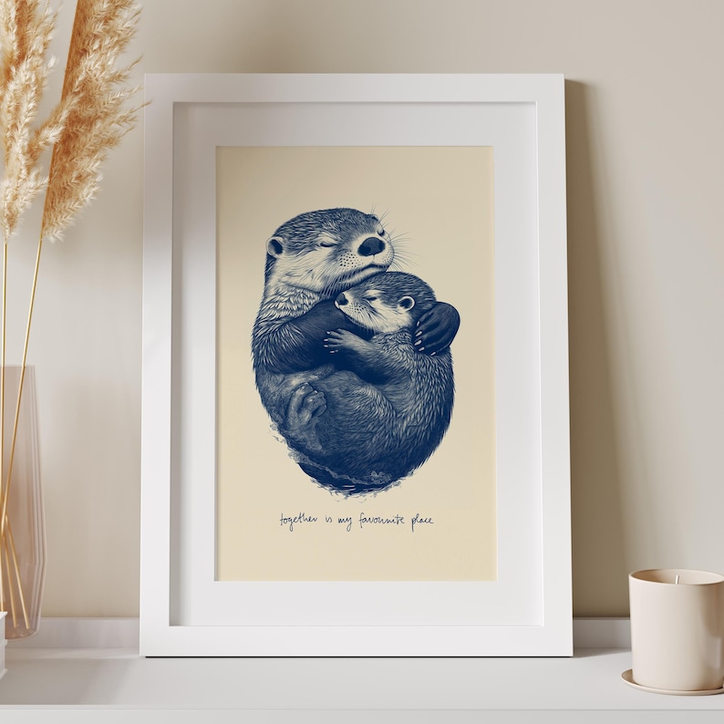 Otter Cuddling Print – Victorian Etching Style Romantic Animal Art ...