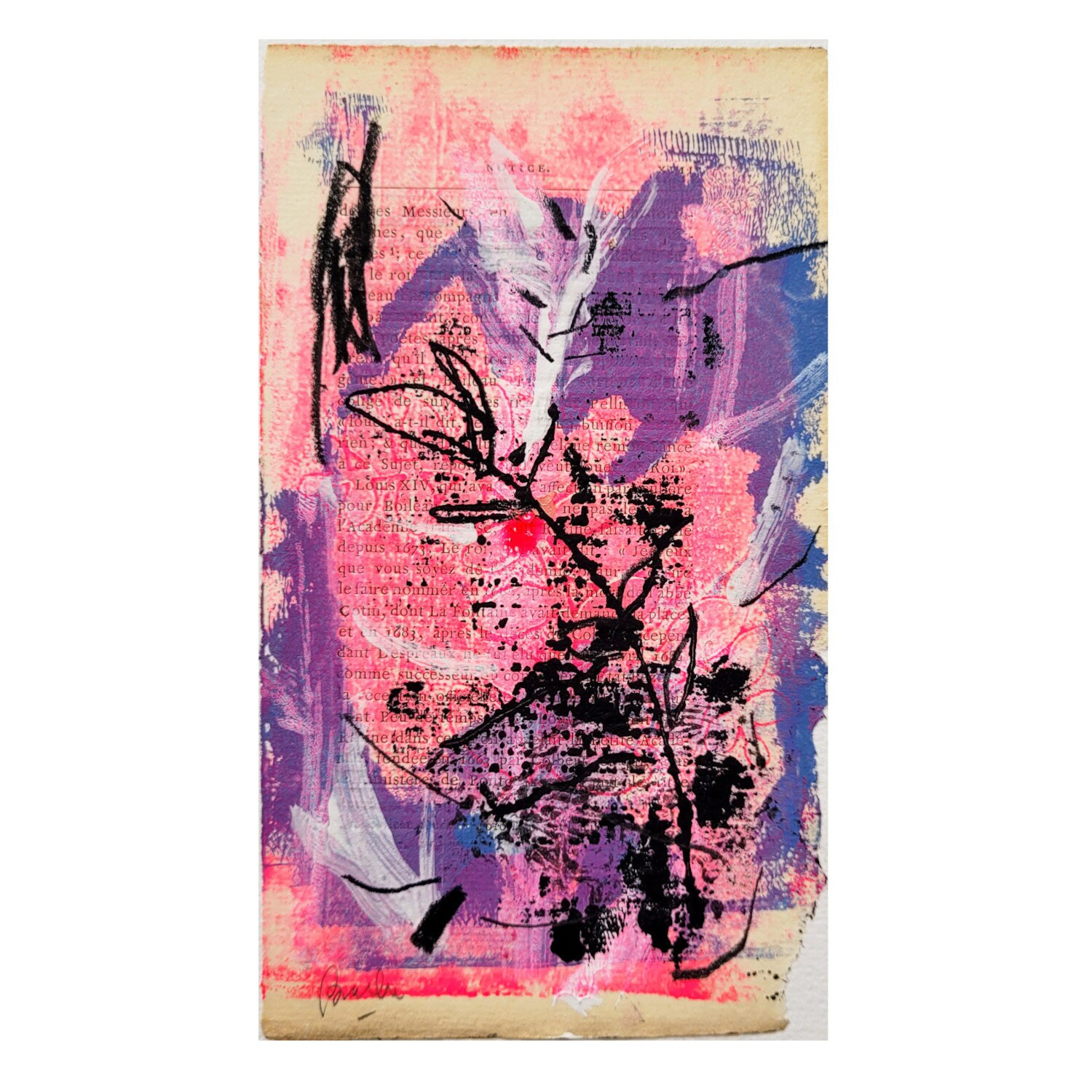 Neon Pink Abstract Flower Painting on Vintage Book Page Small Original ...