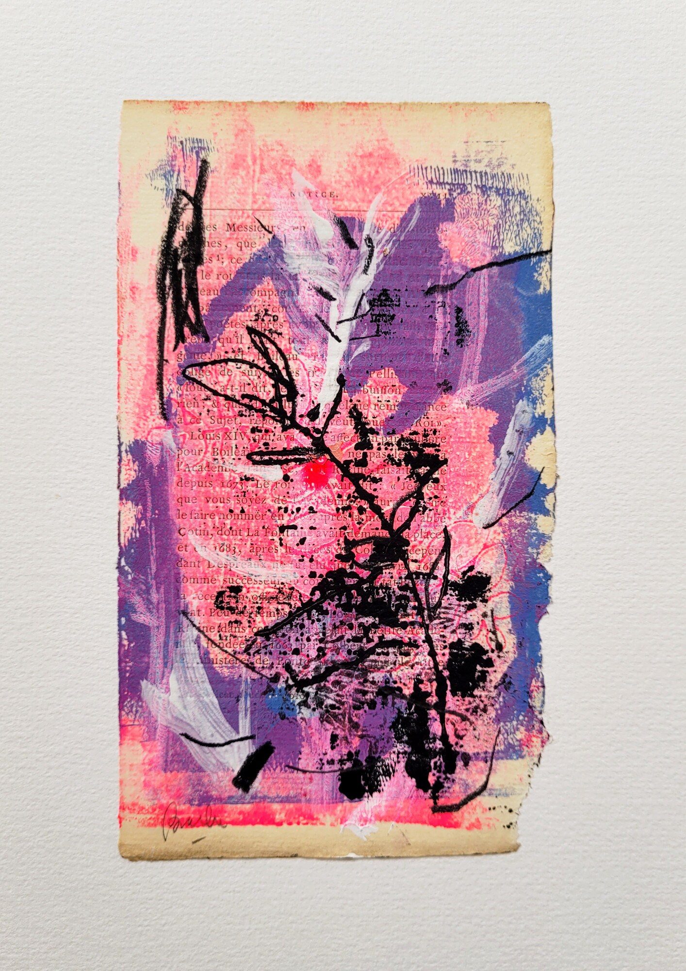Neon Pink Abstract Flower Painting on Vintage Book Page Small Original ...