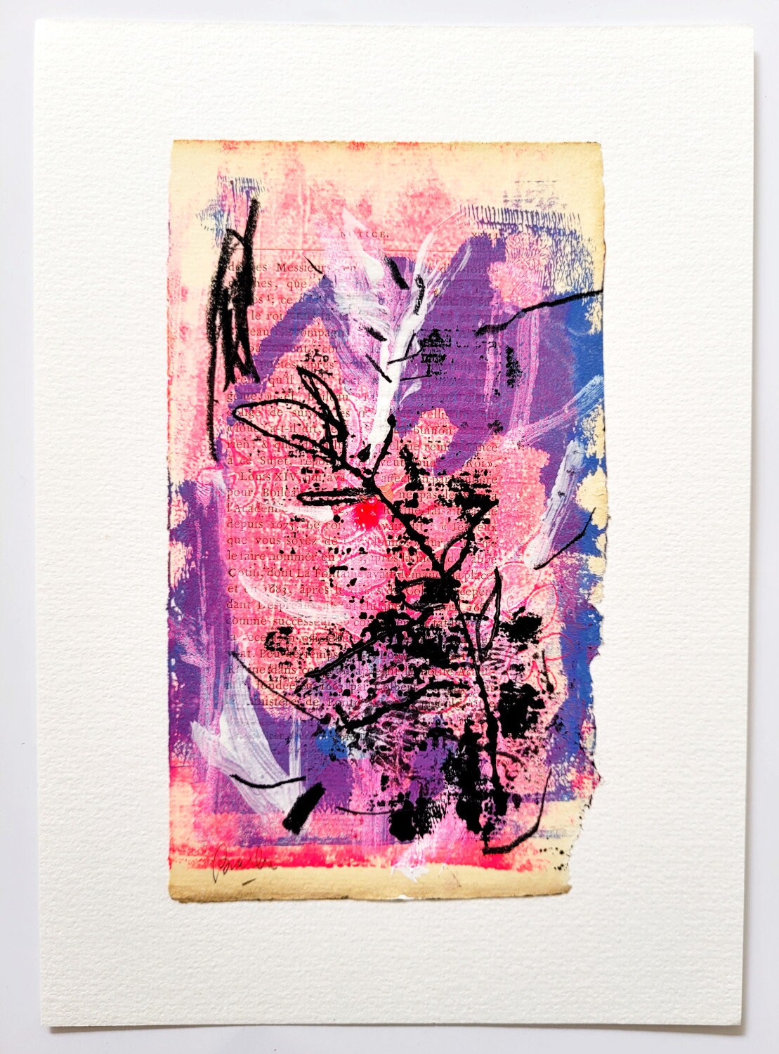 Neon Pink Abstract Flower Painting on Vintage Book Page Small Original ...