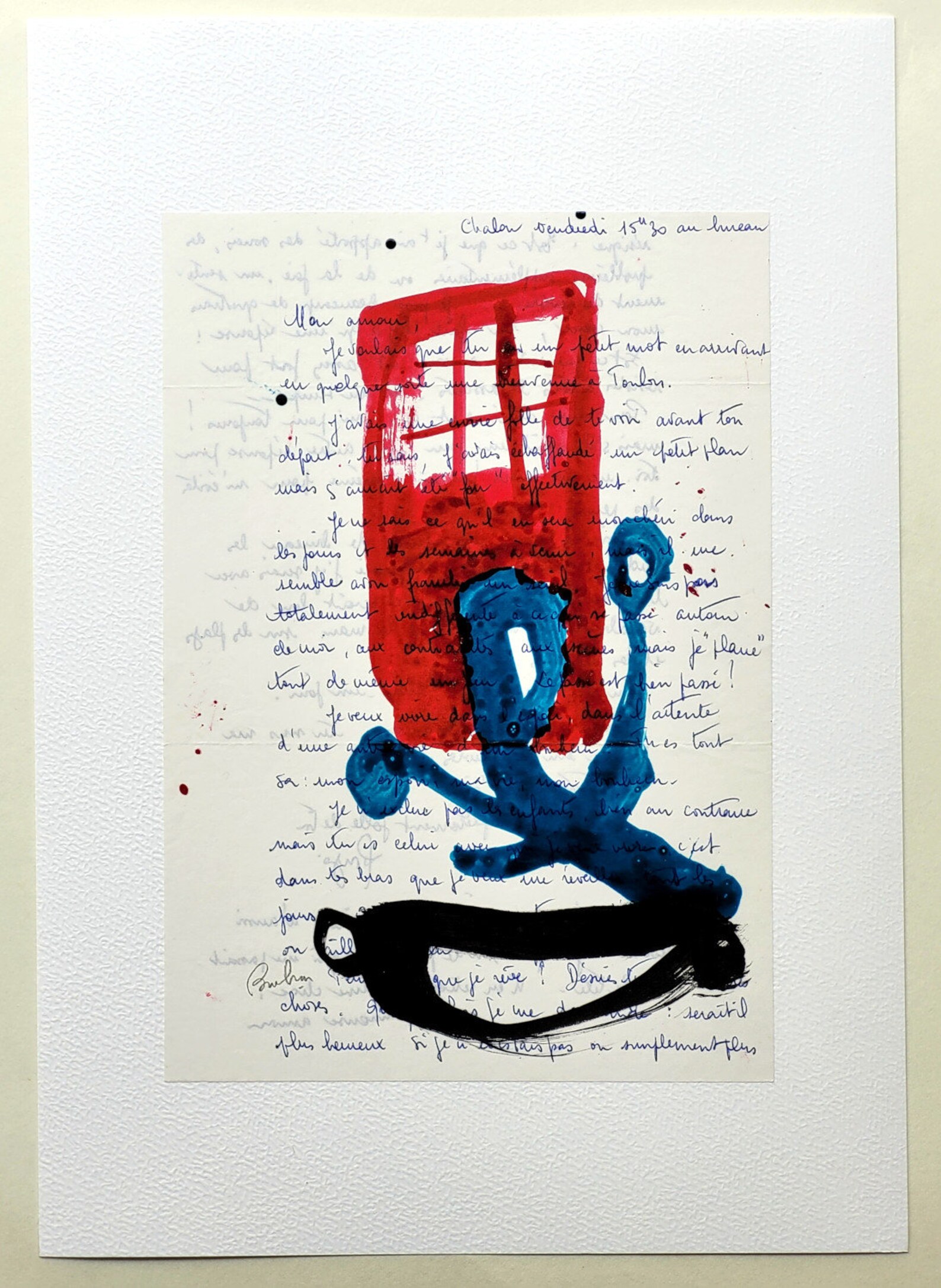 Abstract Ink Art on Vintage Handwritten Letter Blue and Red - Etsy
