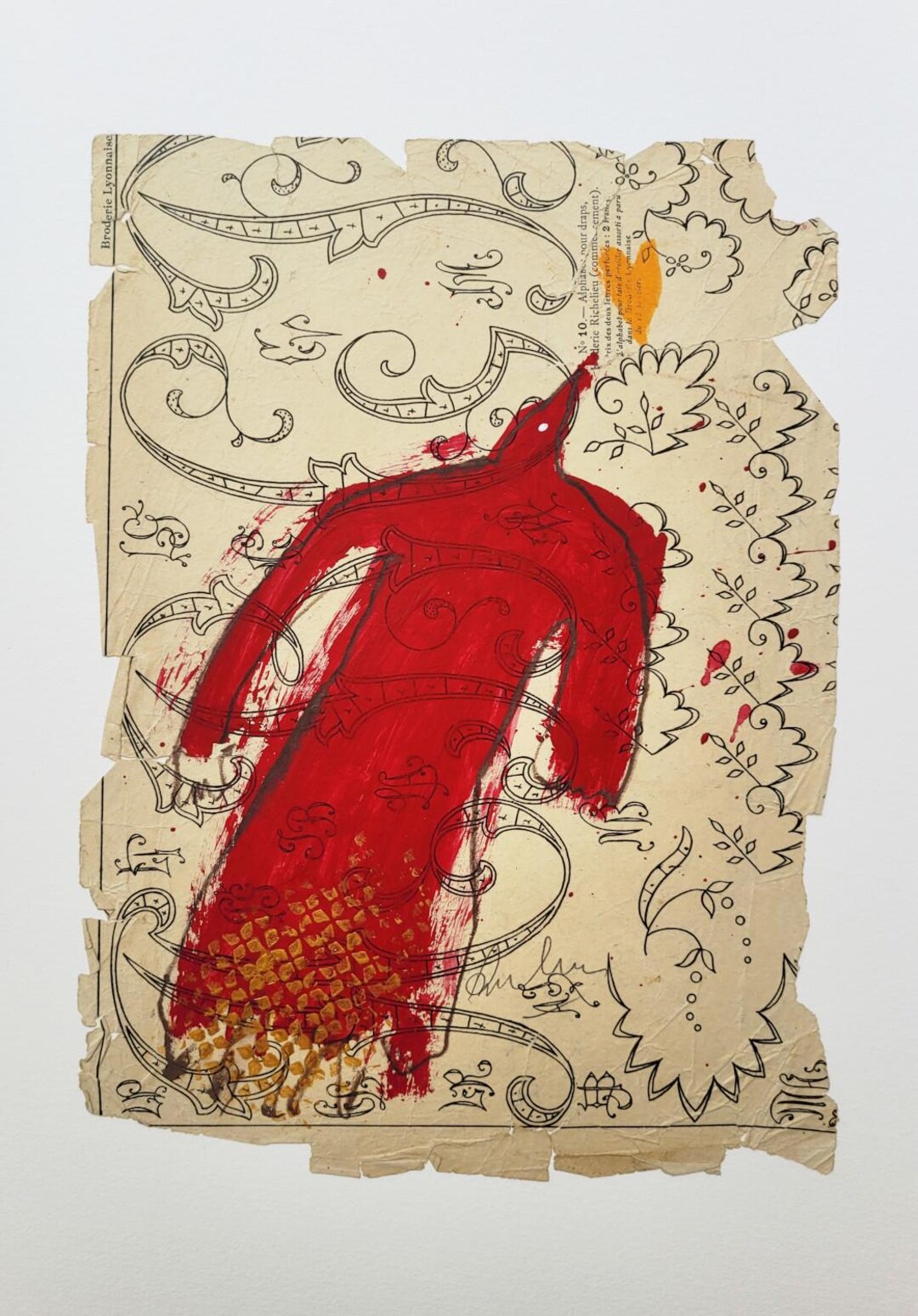 Abstract Red Bird Painting on Vintage Paper - Modern Wall Art Decor - Etsy