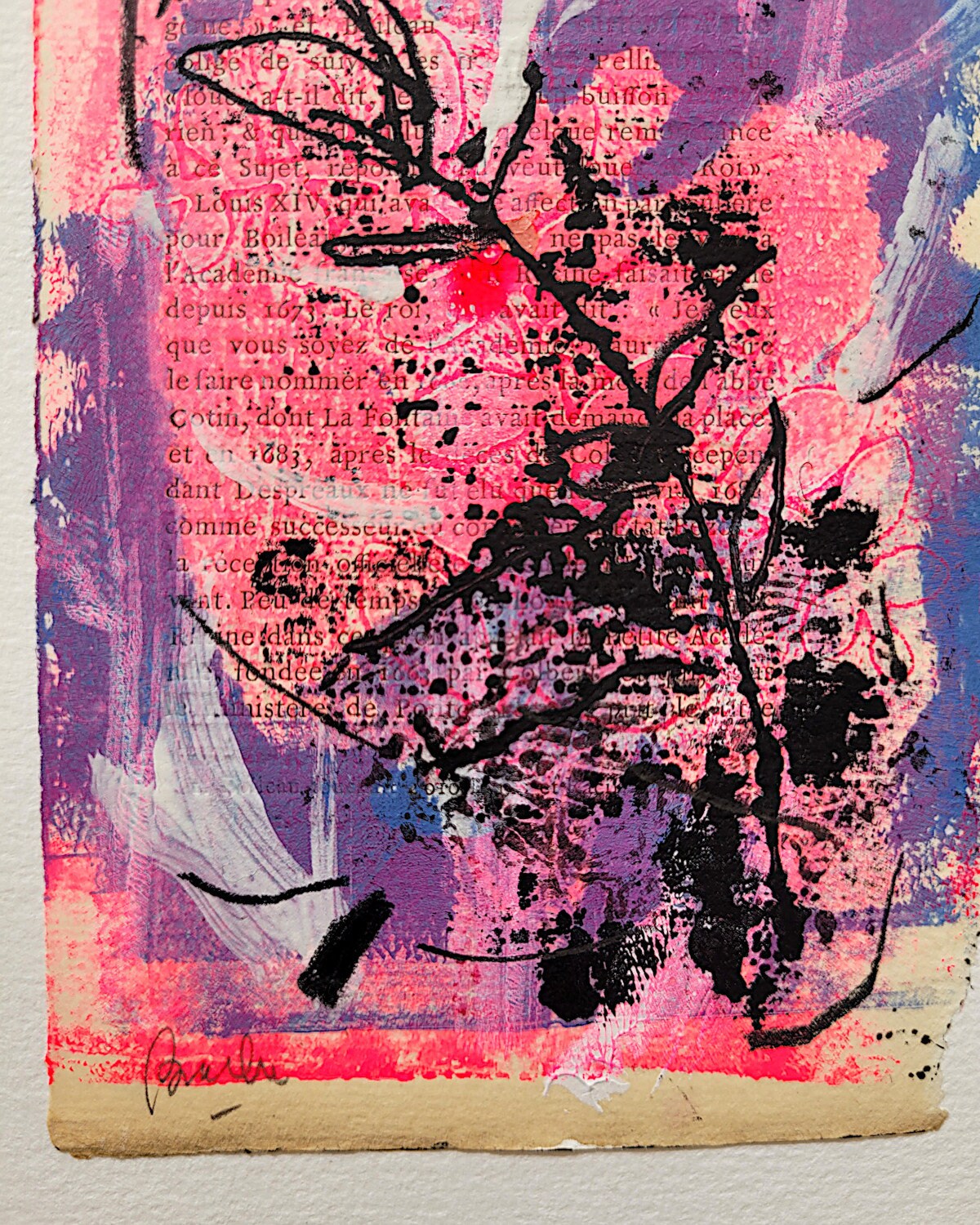 Neon Pink Abstract Flower Painting on Vintage Book Page Small Original ...