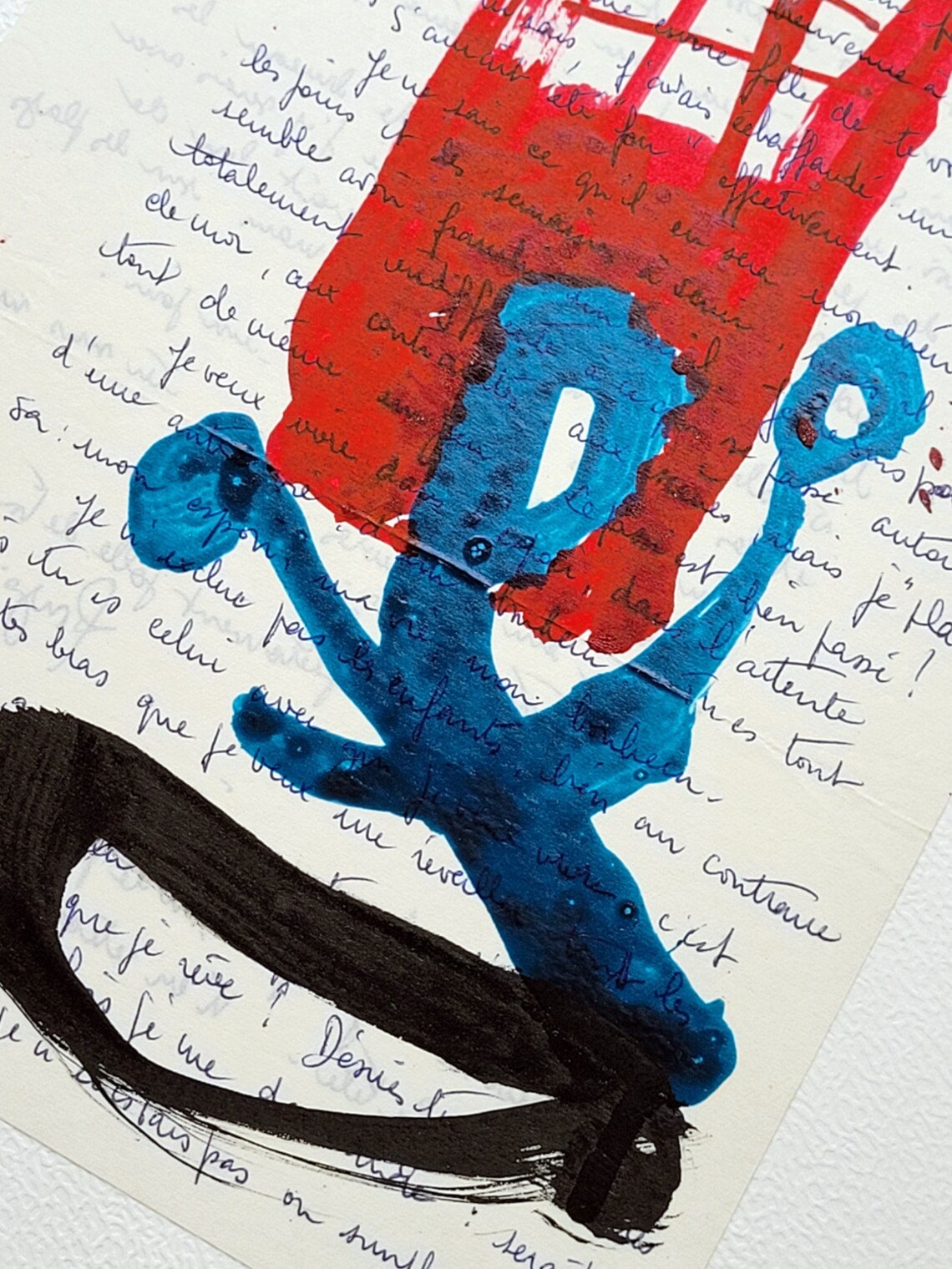 Abstract Ink Art on Vintage Handwritten Letter Blue and Red - Etsy