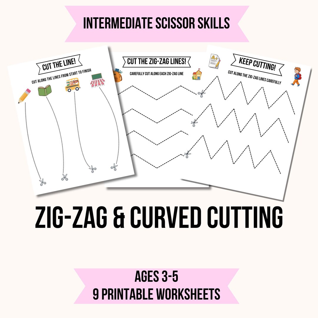 Zig Zag and Curved Cutting Practice Worksheets, Scissor Skills ...