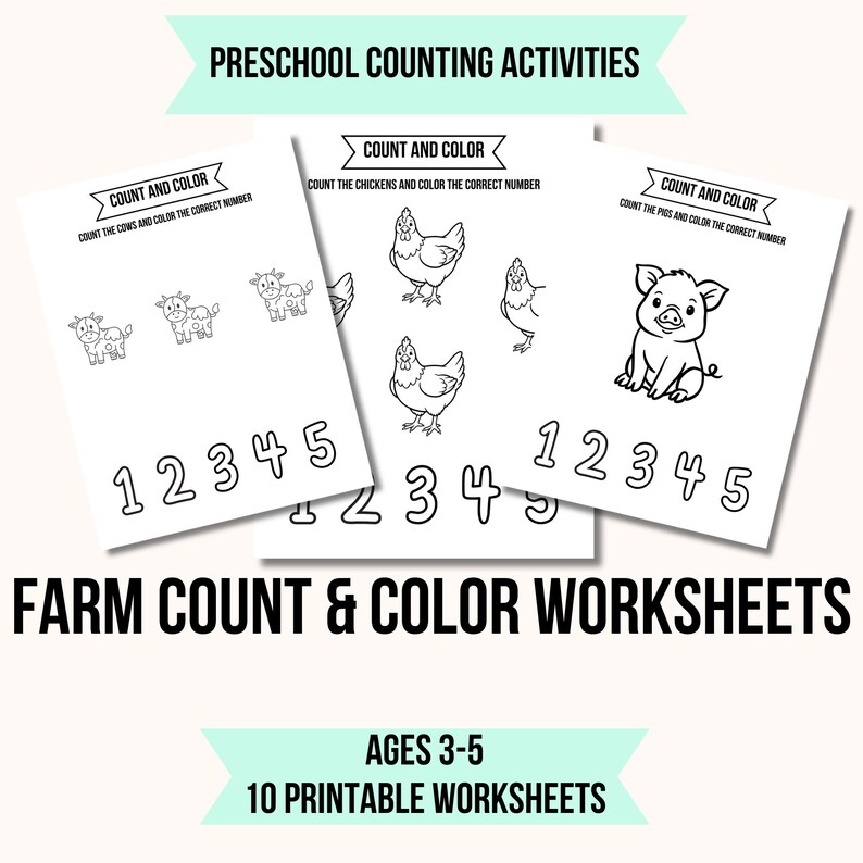 Farm Count and Color Worksheets, Preschool Farm Math Printable Ages 3-5 ...