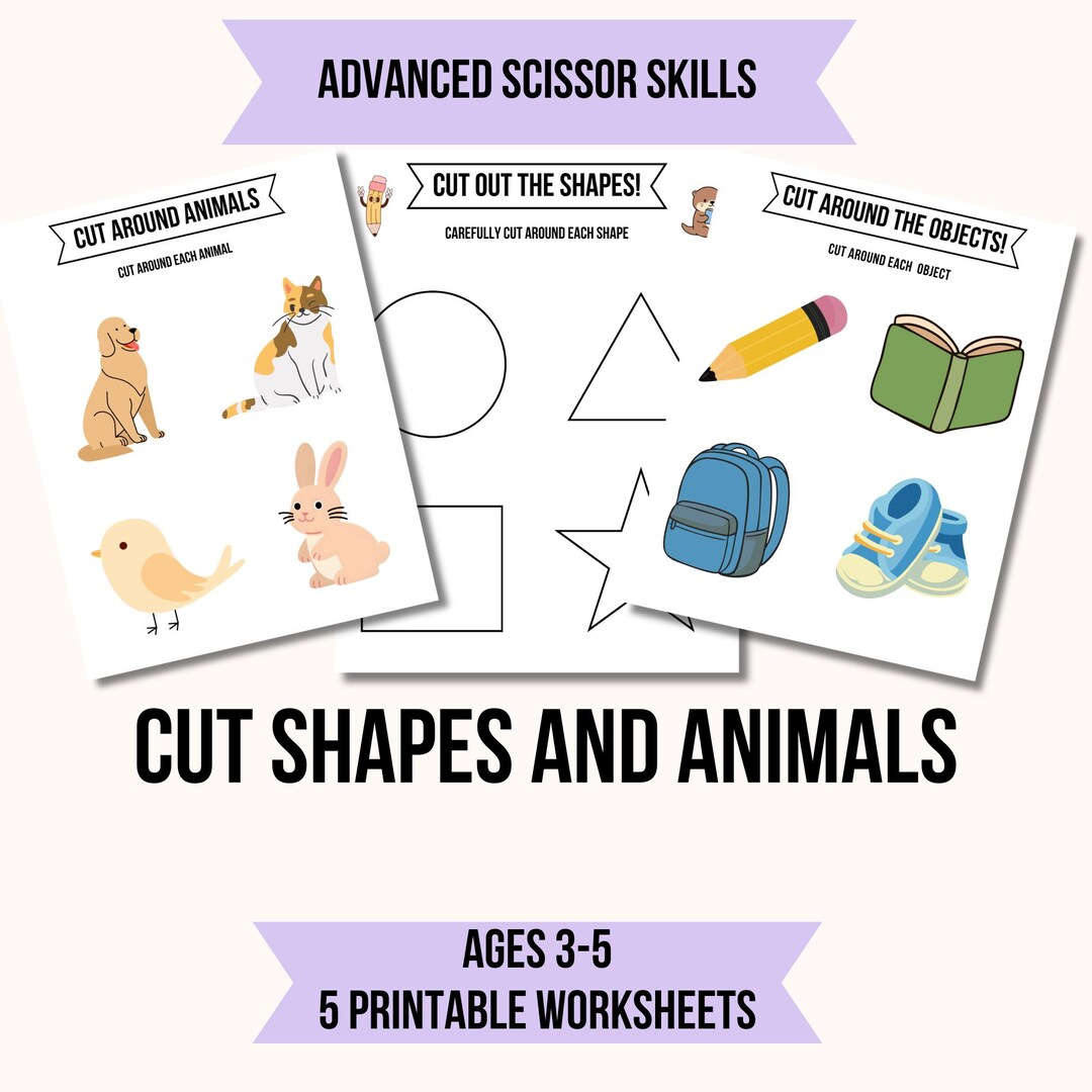 Advanced Scissor Skills Worksheets, Cutting Shapes and Animals, Fine ...