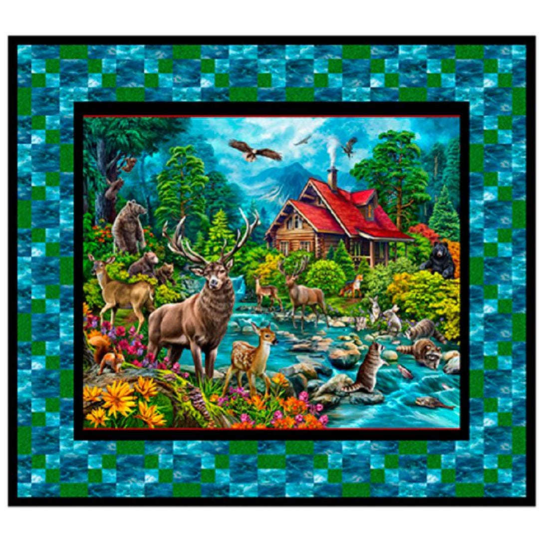 Rambling Checkboard Quilt Kit 50x56 QT Brookside Lodge Deer Raccoon Fox ...