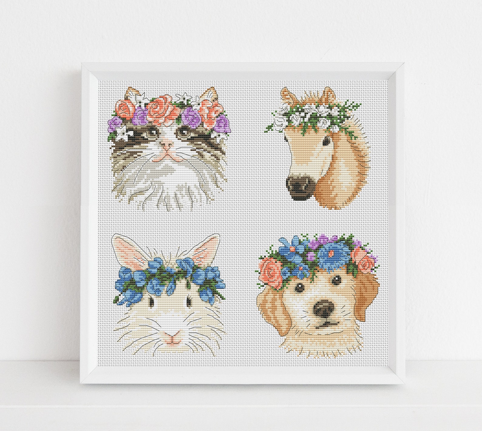 Flower Crown Animals, Cat, Dog, Rabbit and Pony Cross Stitch Pattern ...