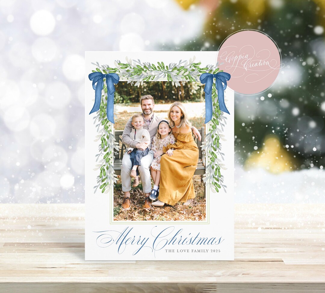 PRINTED Holiday Card, Christmas Photo Card, Blue Floral, Custom ...