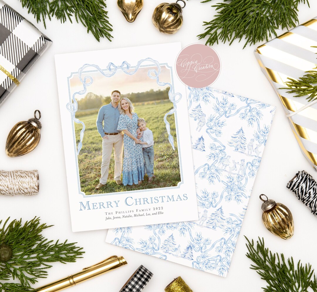 Blue Toile Holiday Card, Christmas Photo Card, Holiday Photo Card ...