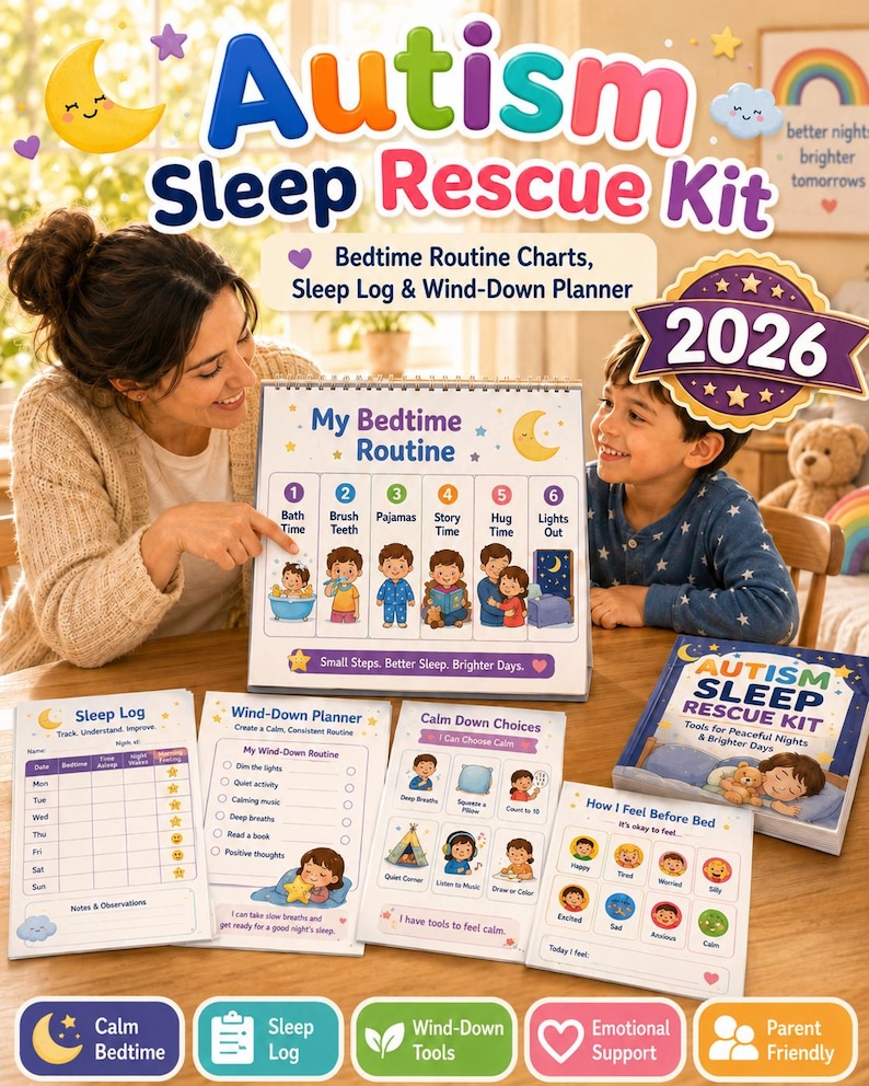 Autism Sleep Rescue Kit - Bedtime Routine Chart, Sleep Log & Wind-down ...