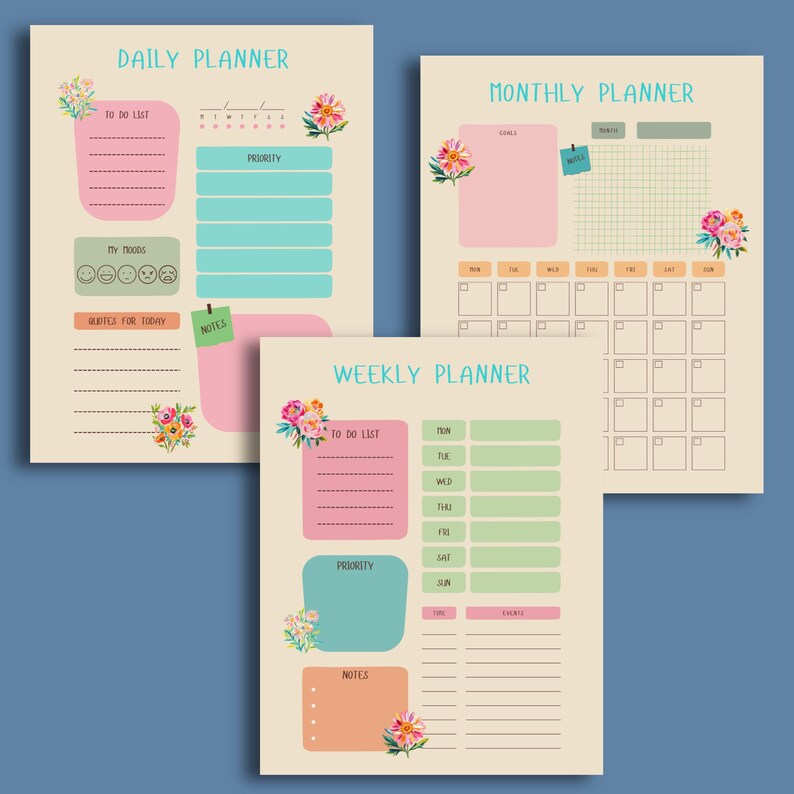 Pastel Planner Bundle, Daily Weekly Monthly Planner Set, Cute Floral ...