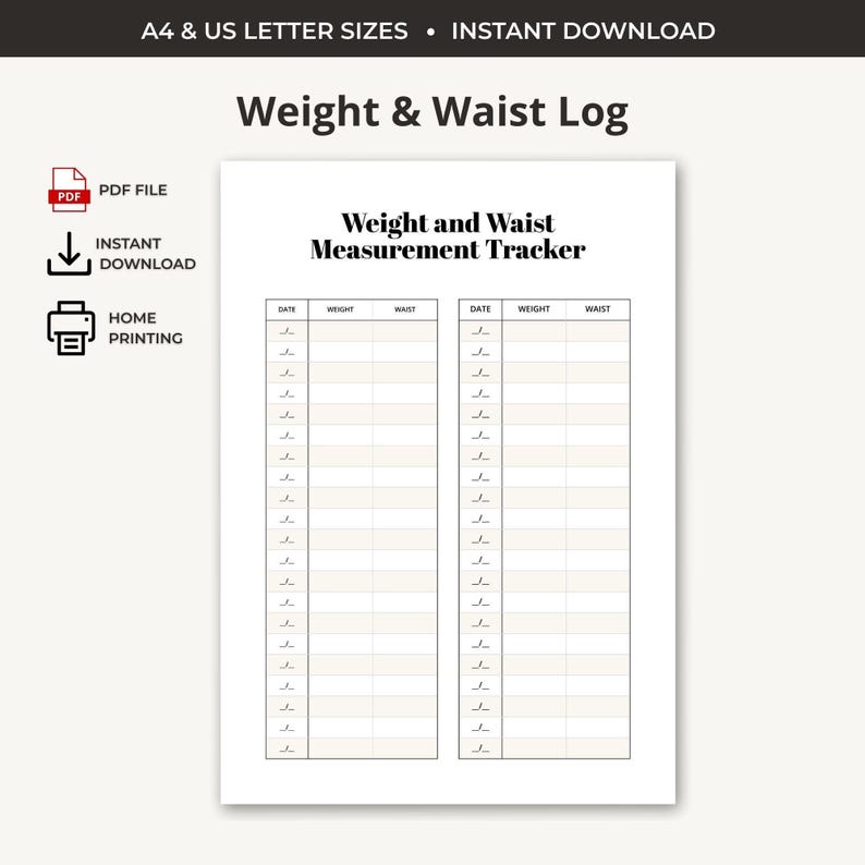Weight and Waist Log Printable | Black and White Fitness Tracker ...