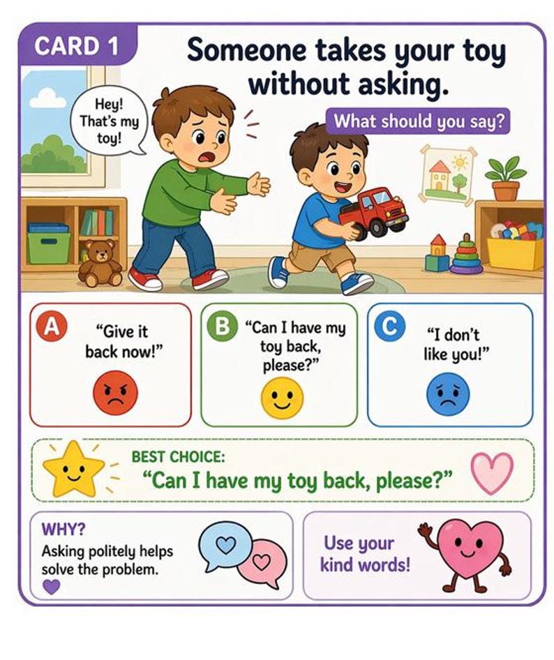 Social Skills Cards for Kids Printable PDF | What Should You Say Game ...