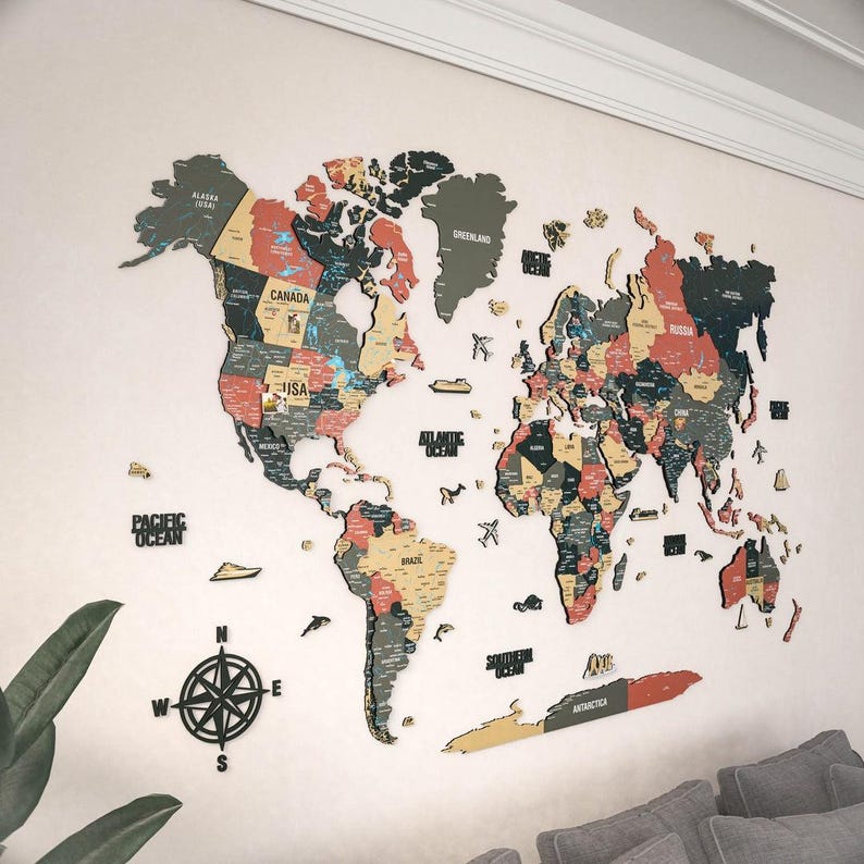Large Wooden 3D World Map With Pins - Travel Wall Art Home Decoration ...