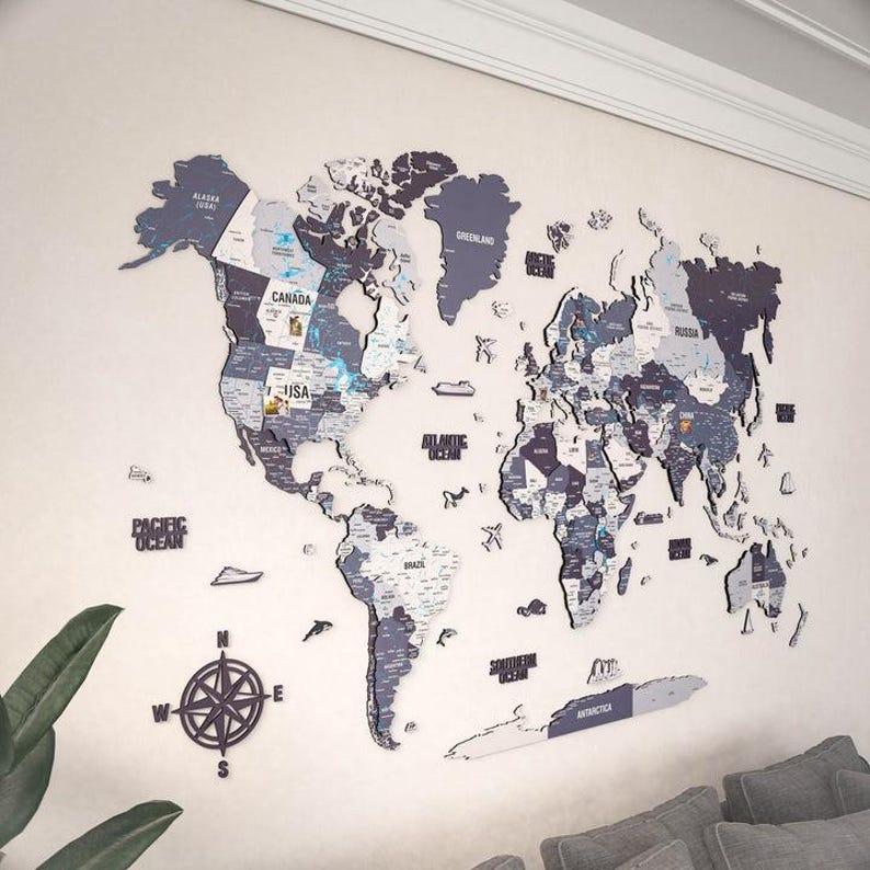 Wood World Map 3D Wall Decor : Large Wooden Travel Map With Pins and ...