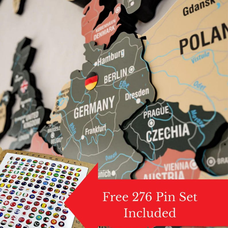 Large Wooden 3D World Map With Pins - Travel Wall Art Home Decoration ...