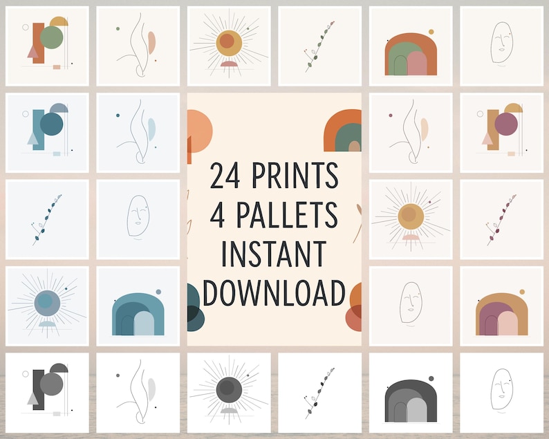 Abstract Line Art Prints Bundle, Gallery Wall Set, 4 Palettes (digital ...