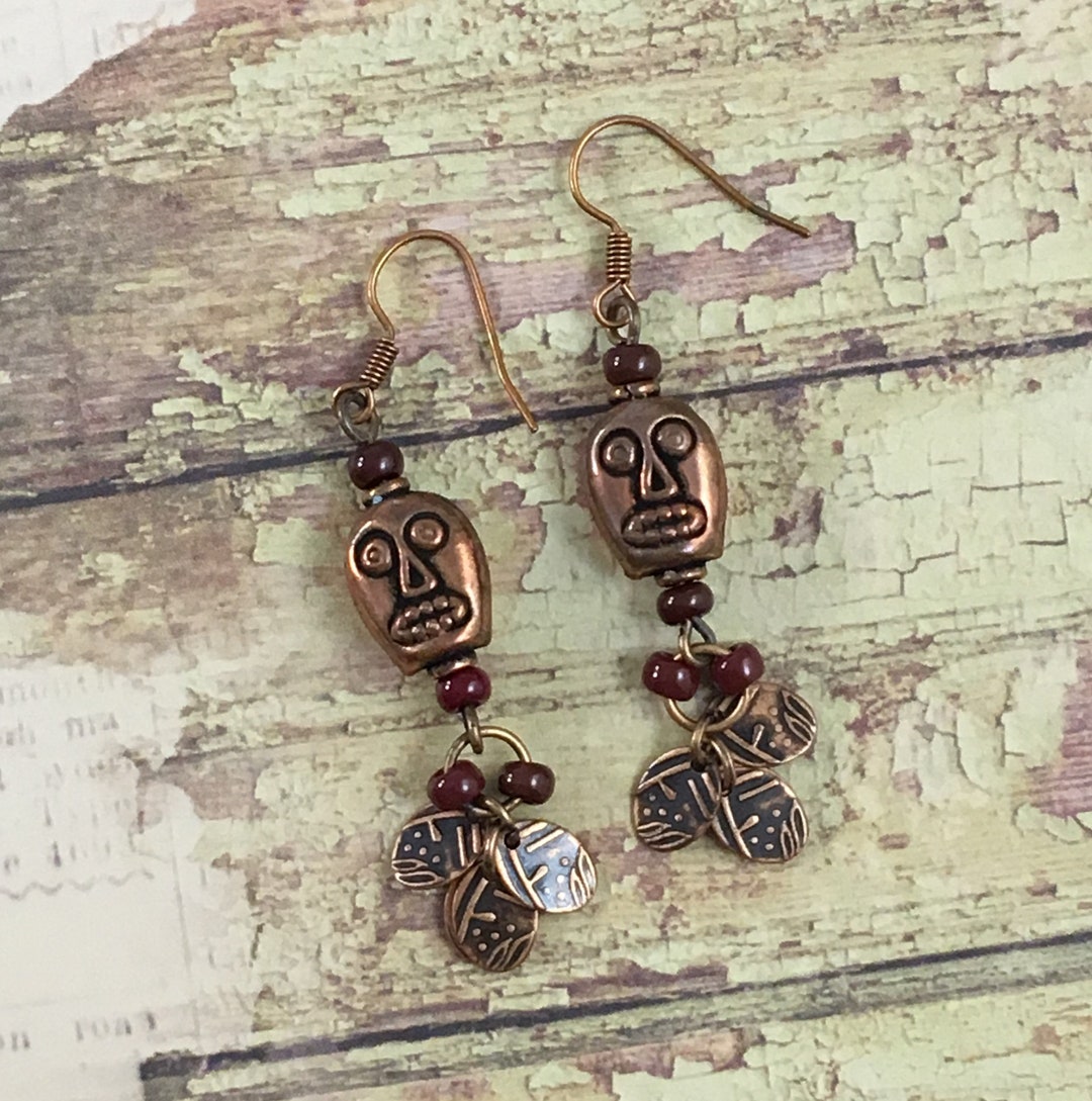 Copper and Dark Red Tribal Mask Dangle Earrings - Etsy