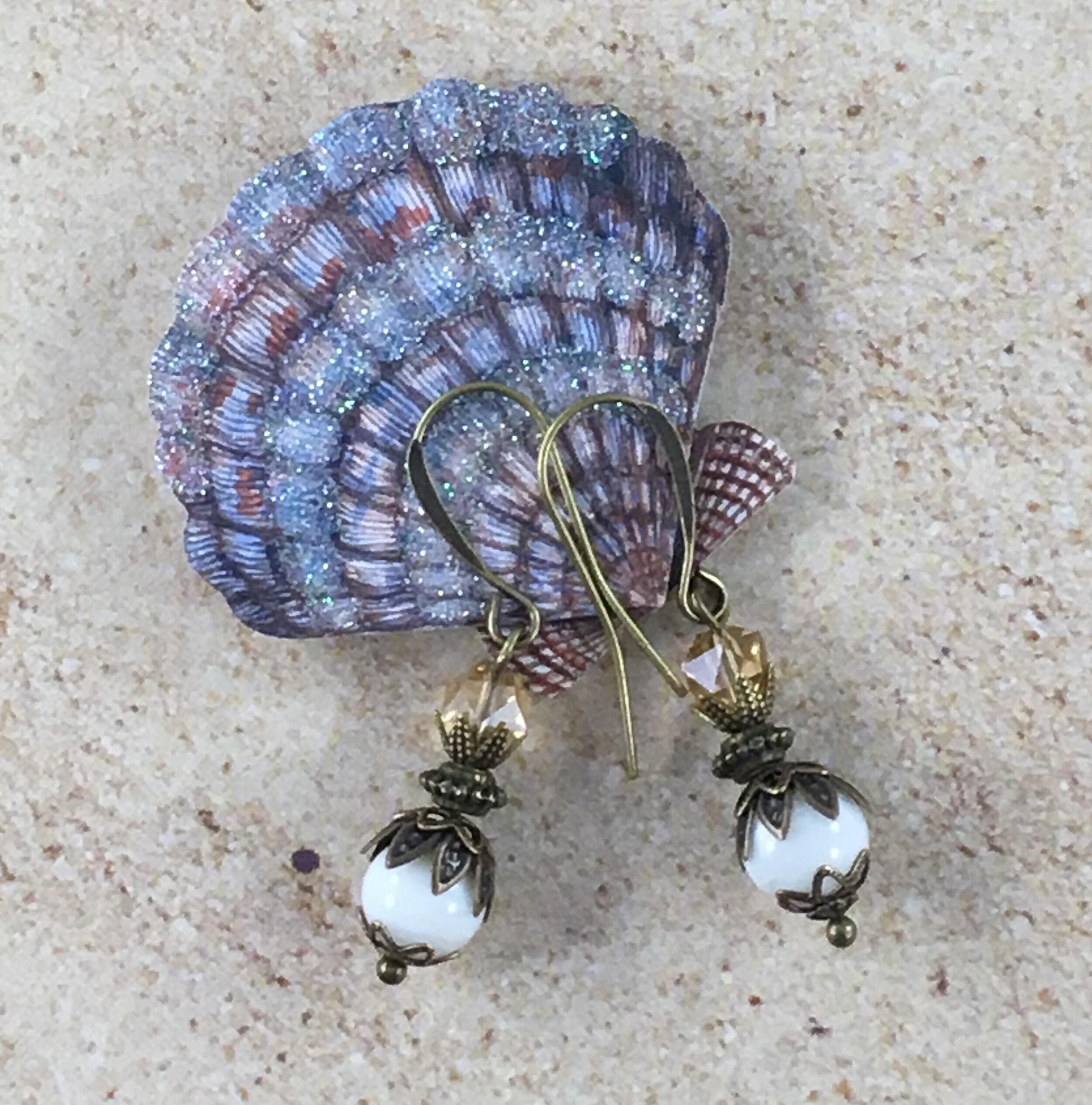 White Shell Bead Dangle Earring, Beach Earring, Brass and Shell Earring ...
