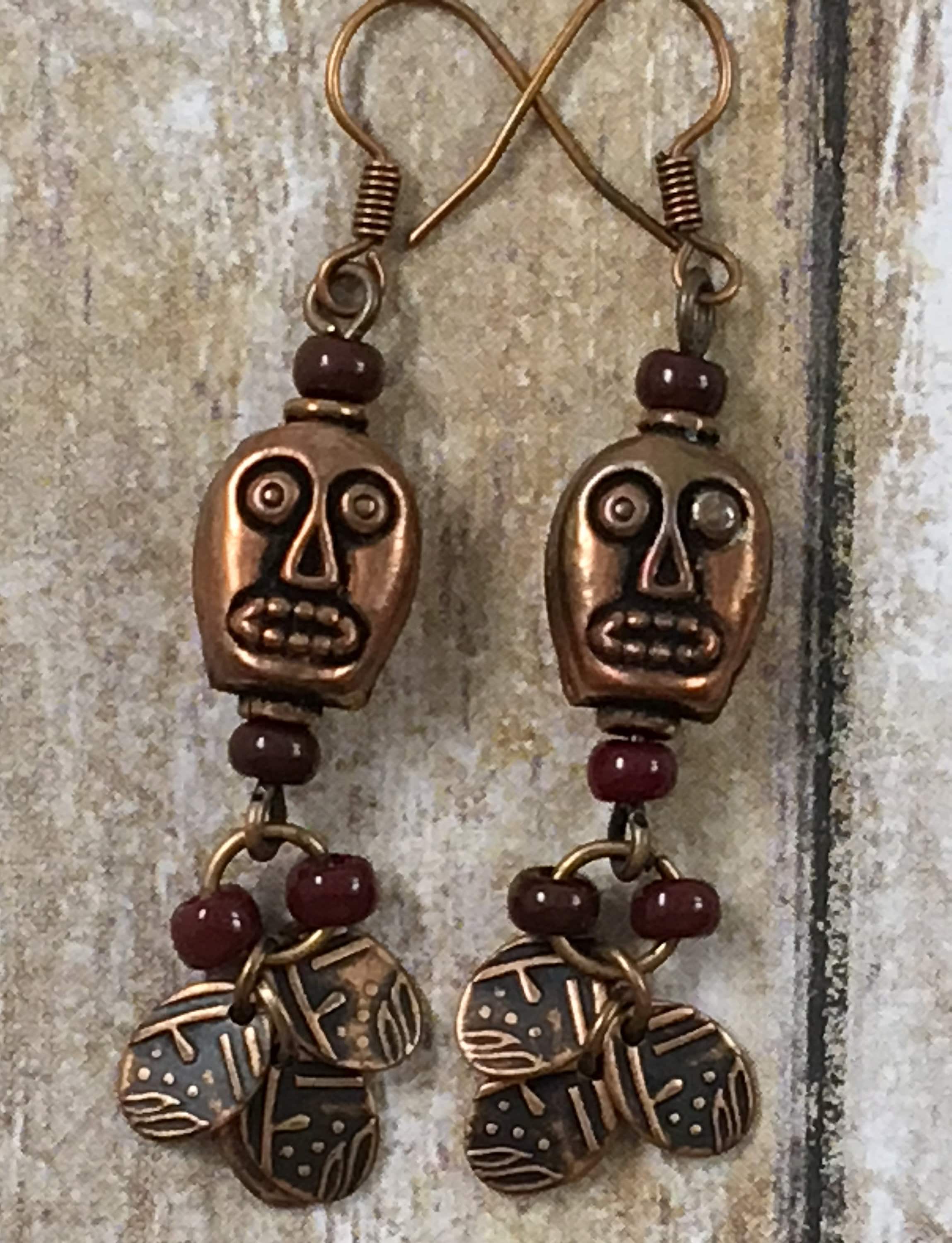 Copper and Dark Red Tribal Mask Dangle Earrings - Etsy