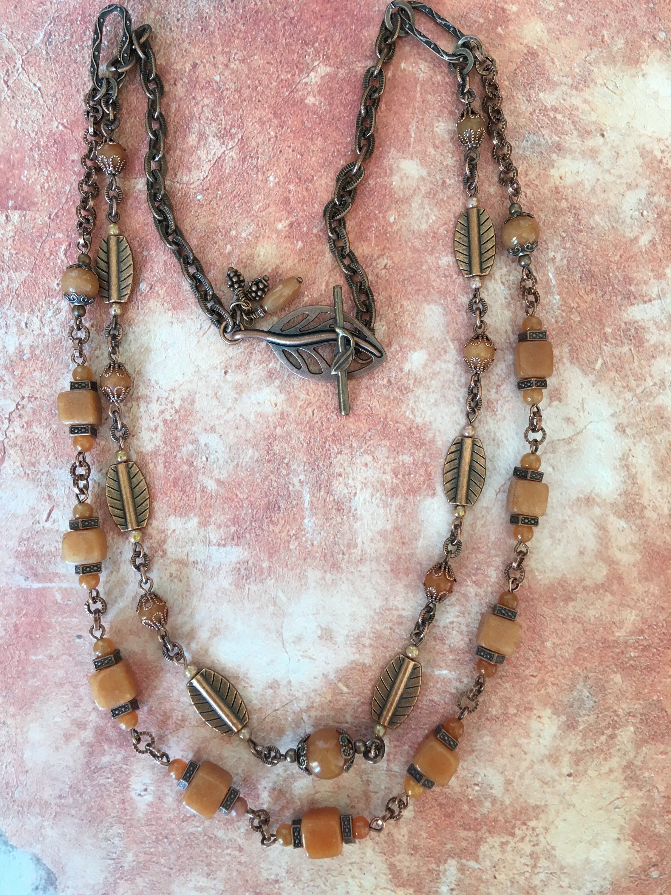 Dark Orange Aventurine Cubes Boho Necklace, Copper Leaves, Copper Chain ...