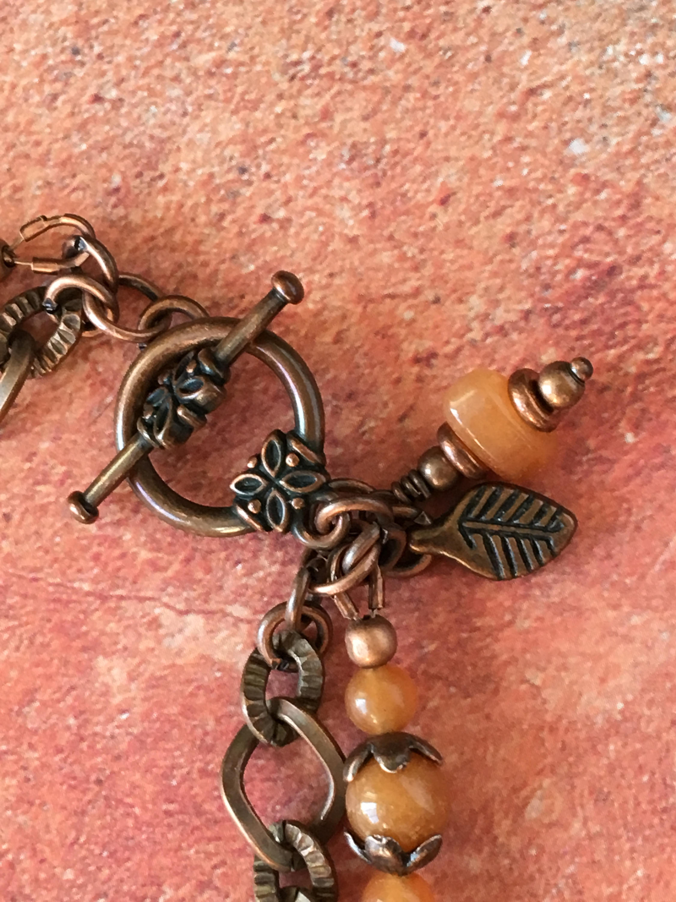 Dark Orange Aventurine Cubes Boho Necklace, Copper Leaves, Copper Chain ...