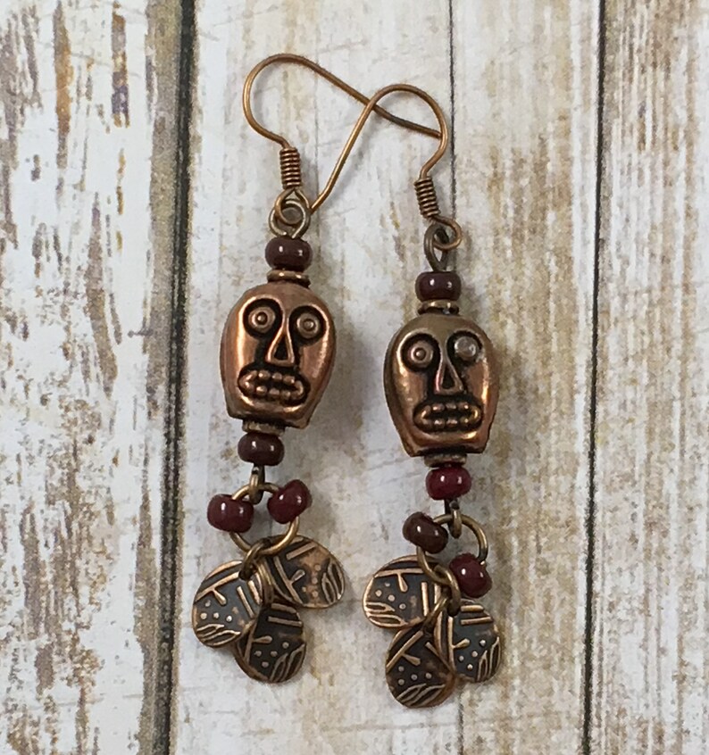 Copper and Dark Red Tribal Mask Dangle Earrings - Etsy